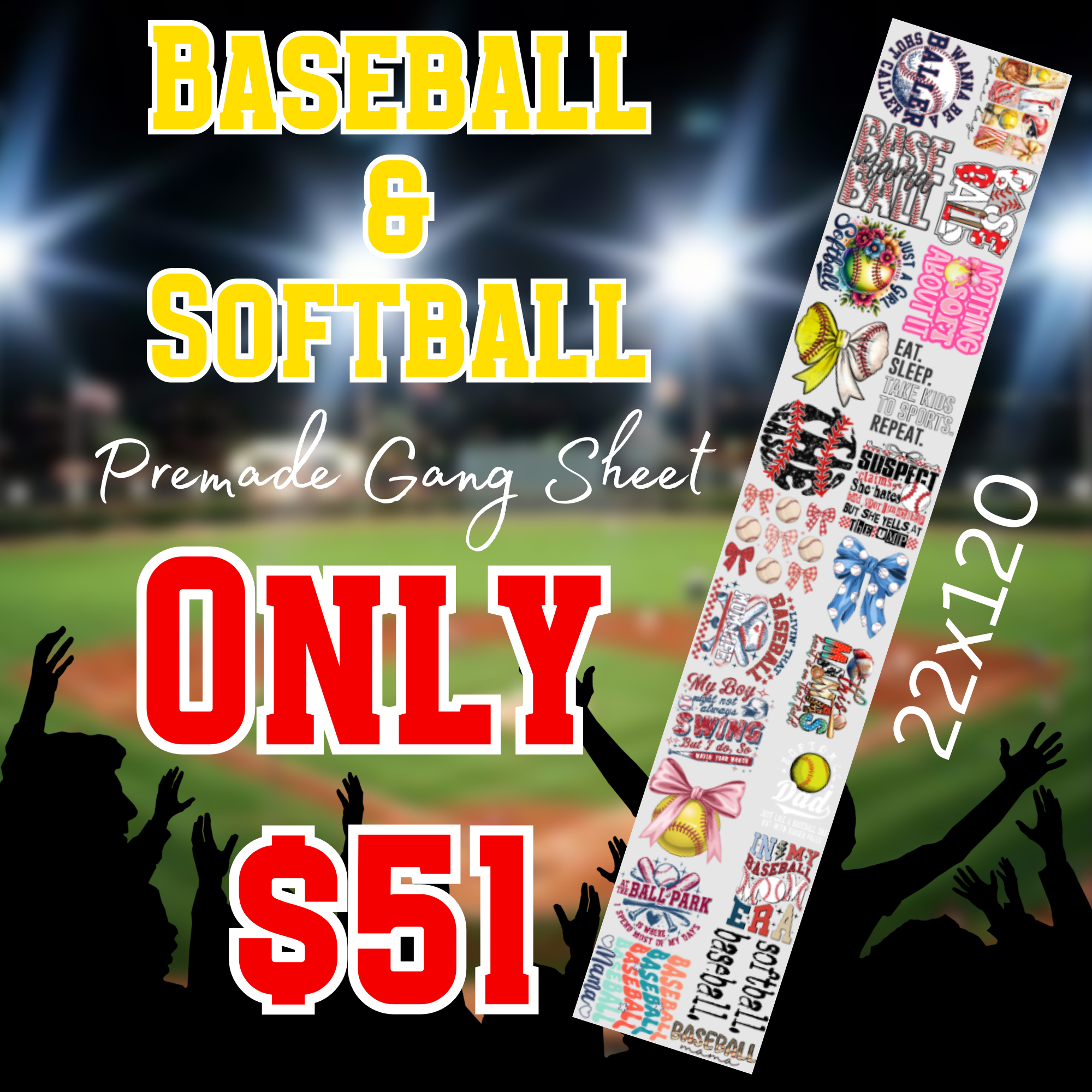 22x120 Baseball & Softball Premade DTF – 208 Custom Designs