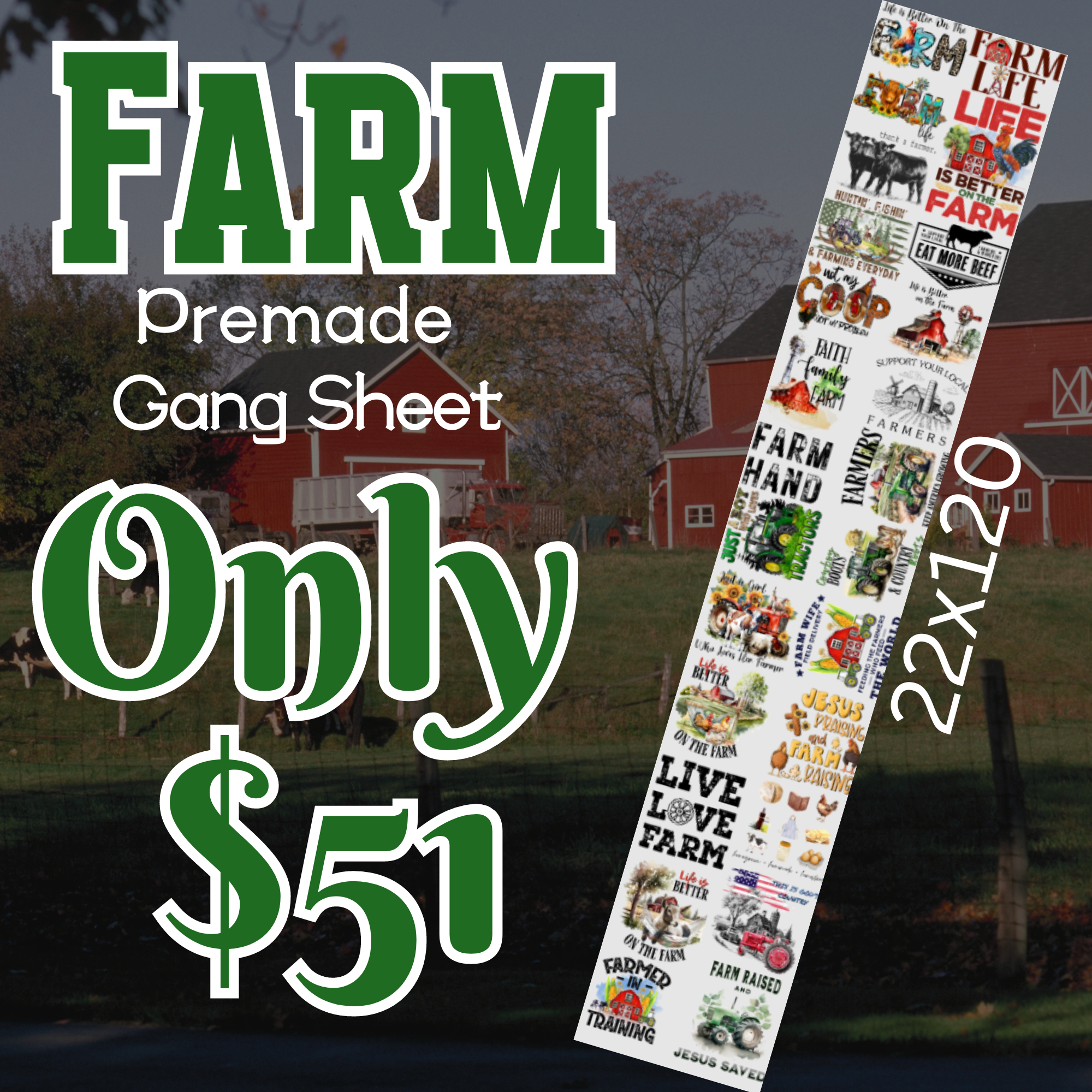 22x120 Farm Premade DTF – 208 Custom Designs
