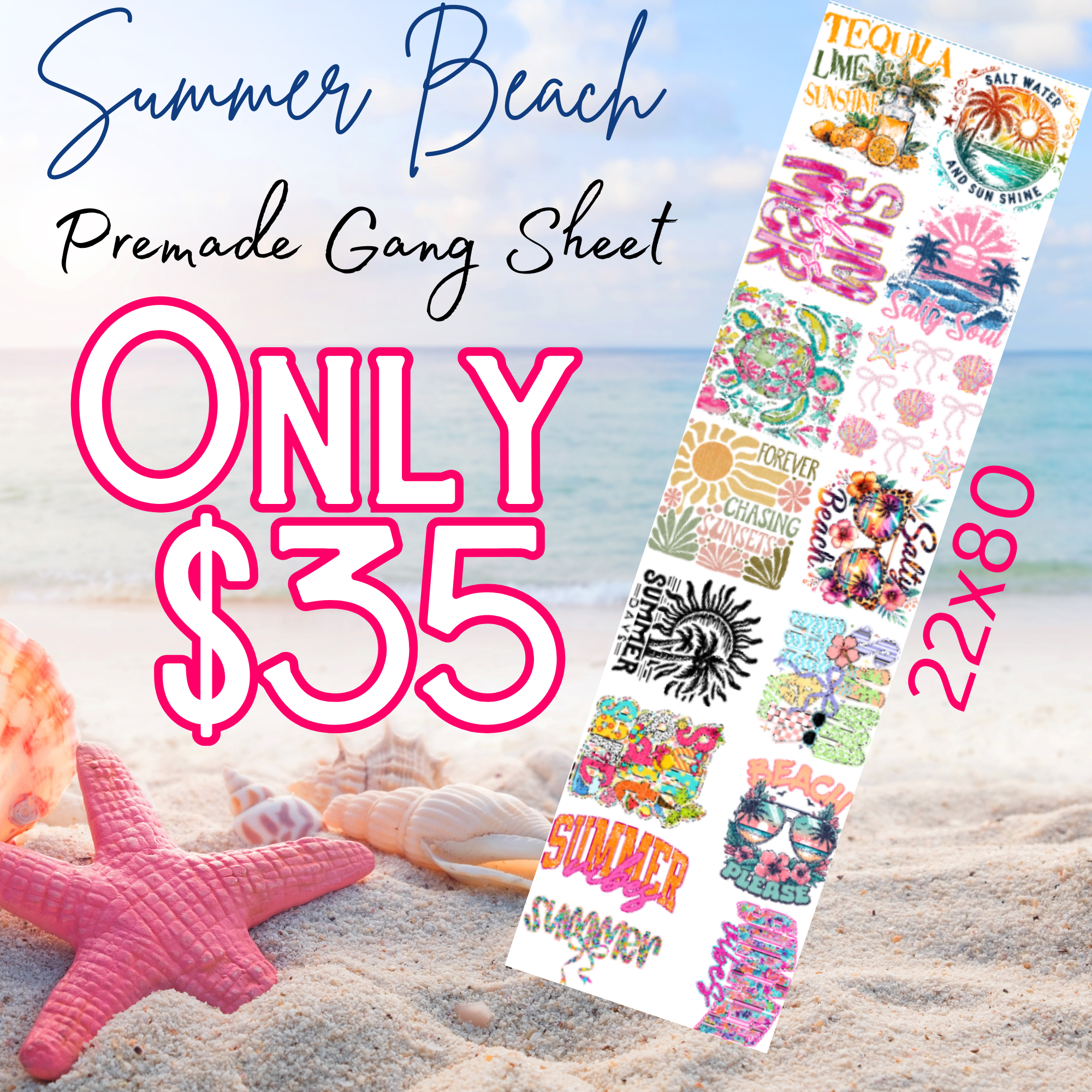 22x80 Summer Beach Premade DTF – 208 Custom Designs